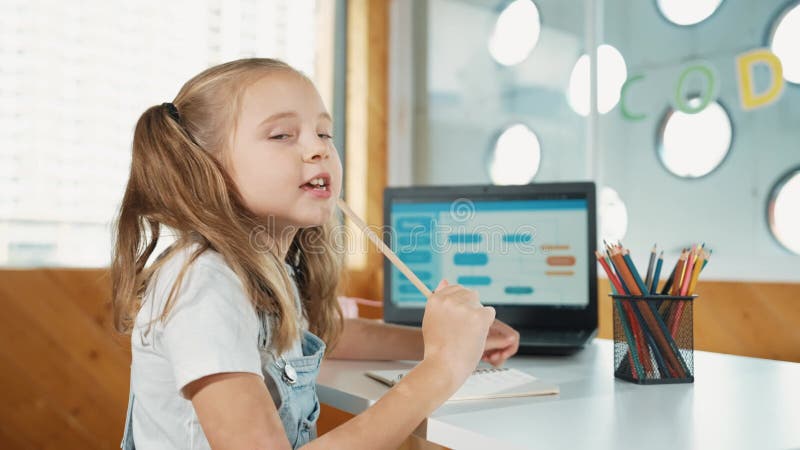 Student Thinking while Writing or Doing Homework by Using Laptop ...