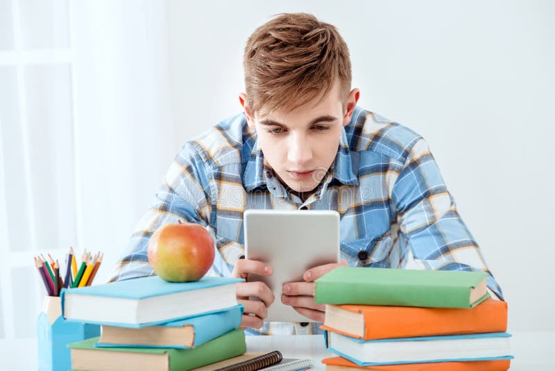 Cute Student Using Tablet Computer Stock Image - Image of school ...