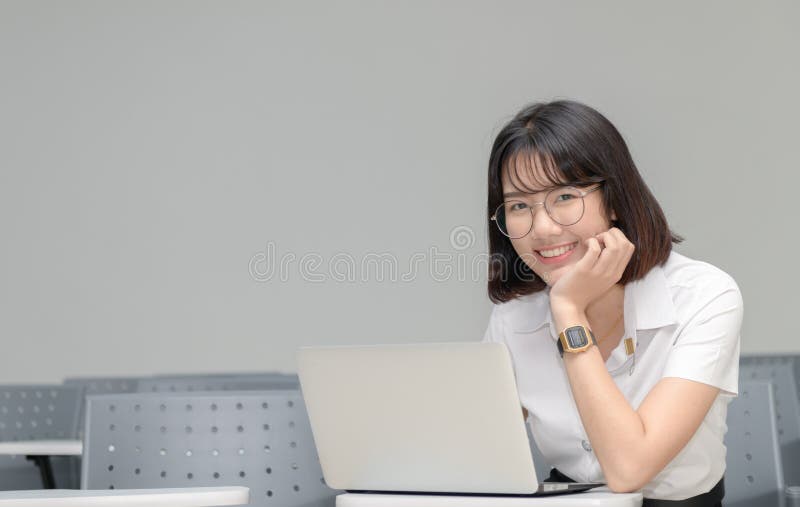 Cute Student Work with Laptop in Classroom Stock Image - Image of girl ...