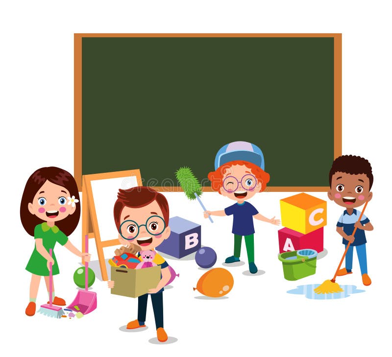 Cute Students Cleaning Classroom at School Stock Illustration ...