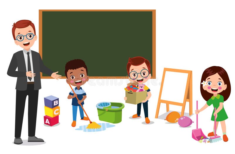 Cute Students Cleaning Classroom at School Stock Illustration ...