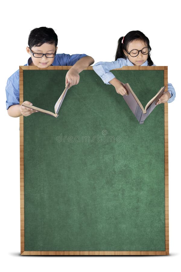 Cute Students Behind a Blank Chalkboard Stock Image - Image of ...