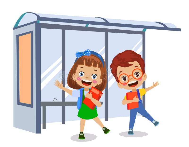 Cute Students Waiting at the Bus Stop Stock Illustration - Illustration ...