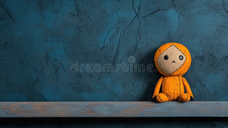 A Cute Stuffed Doll on a Shelf Against a Textured Blue Wall Stock ...