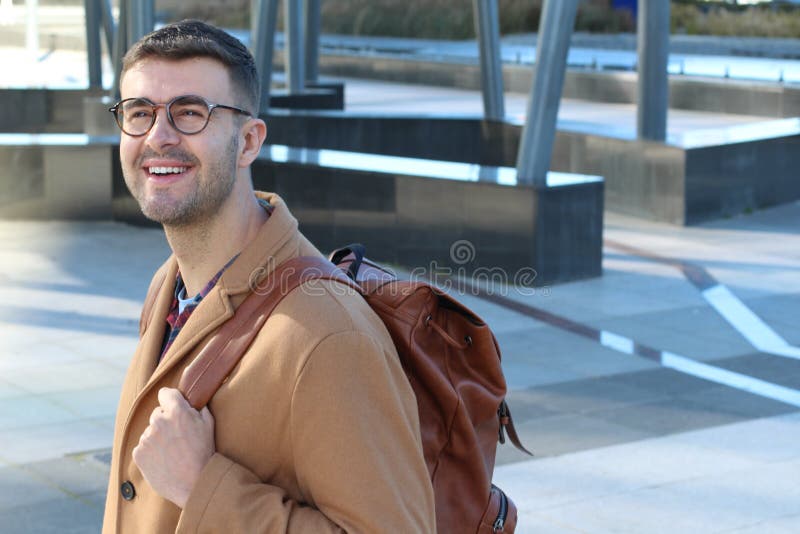 Cute Stylish Man with Leather Backpack Smiling Stock Photo - Image of ...