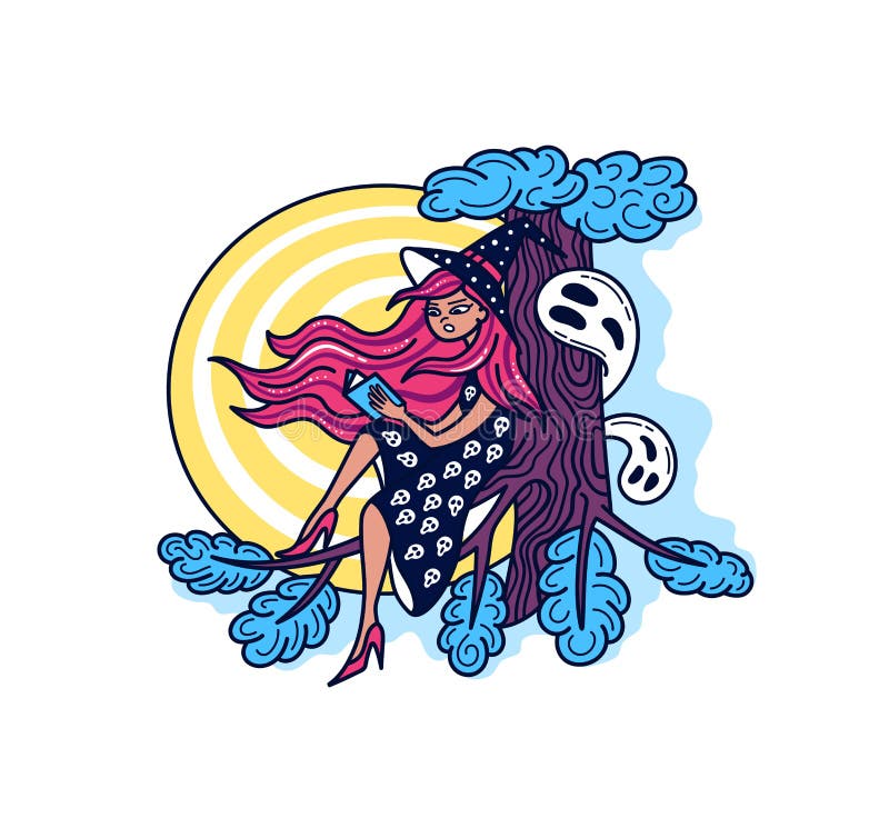 Cute Stylish Witch on a Tree at Night Stock Vector - Illustration of ...