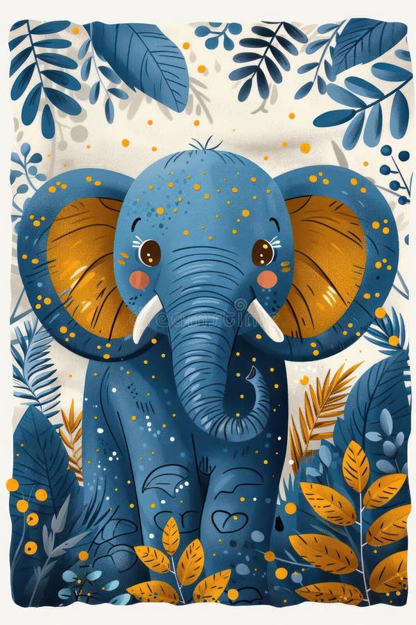 Adorable Blue Elephant in Tropical Leaves Illustration Stock ...