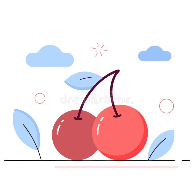 Stylized Cherry Illustration with Clouds on Transparent Background ...