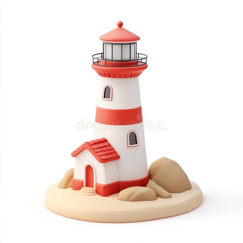 Charming Cartoon Lighthouse on a Sandy Island, 3D Render Stock ...
