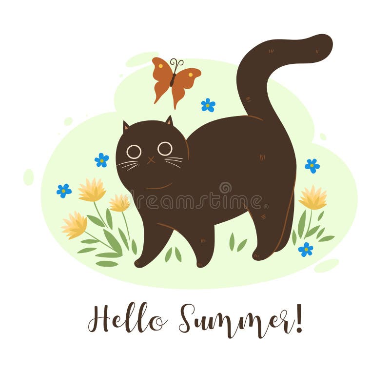 Cute Summer Cat and Flowers. Vector Graphics Stock Vector ...