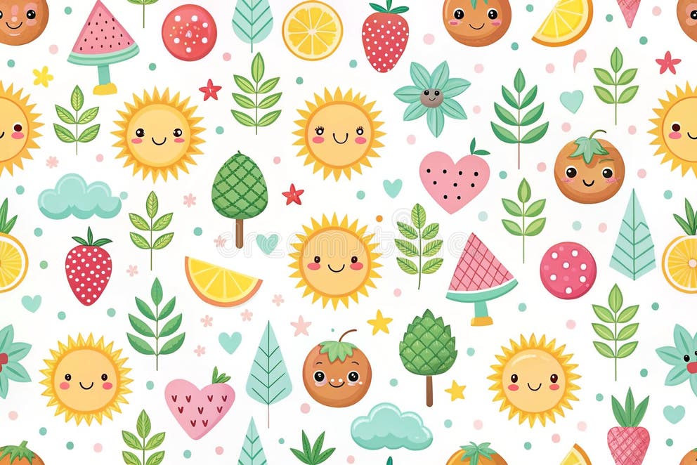Cute Summer Fruit and Sun Seamless Pattern Stock Illustration ...