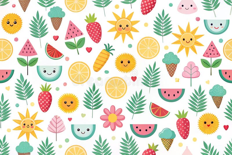 Cute Summer Fruit and Sun Seamless Pattern. (1 Stock Illustration ...