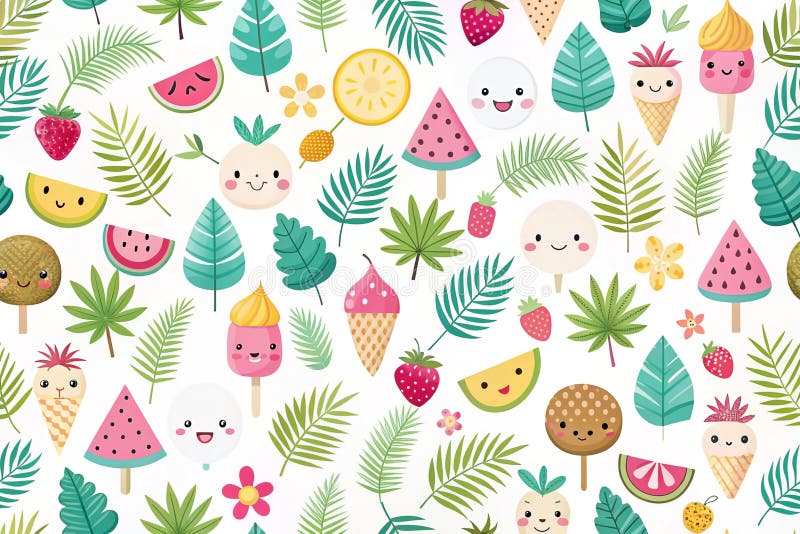 Cute Summer Fruits and Ice Cream Pattern Stock Illustration ...