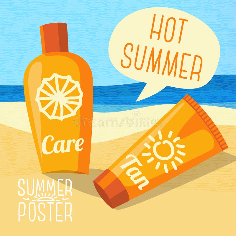 Cute Summer Poster - Sun Care Creams on the Beach Stock Vector ...