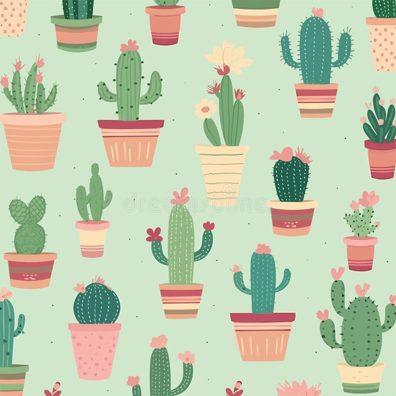 Cute Summer Theme Seamless Pattern with Cacti. Pattern with Various ...