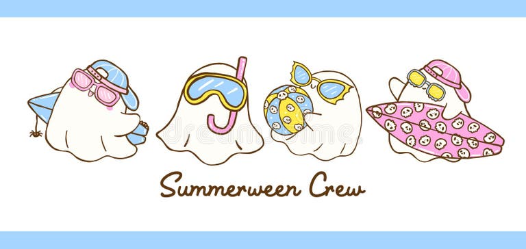 Cute Summerween Ghost Sheet Doodle Hand Drawn Set Stock Illustration ...