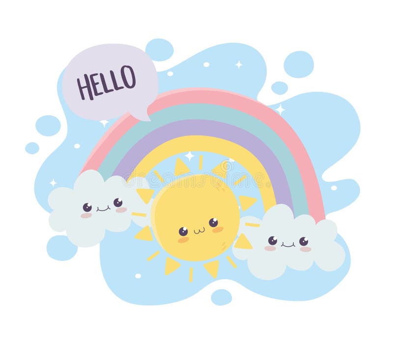 Cute Sun Rainbow Clouds Hello Kawaii Cartoon Character Stock Vector ...