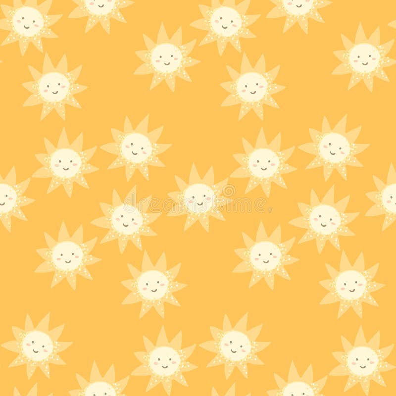 Cute Sunny Print, Smiling Suns Seamless Pattern on Yellow Background ...