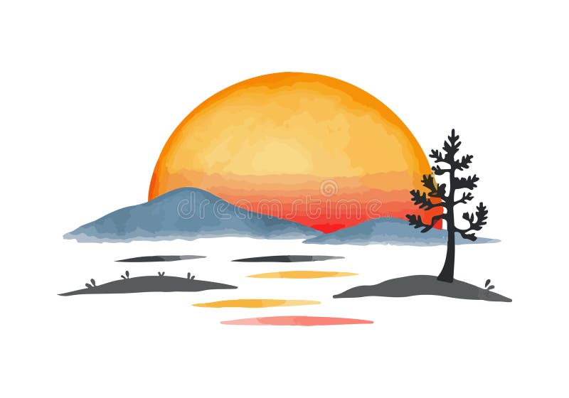 Cute Sunrise Watercolour Vector Illustration. Stock Vector ...