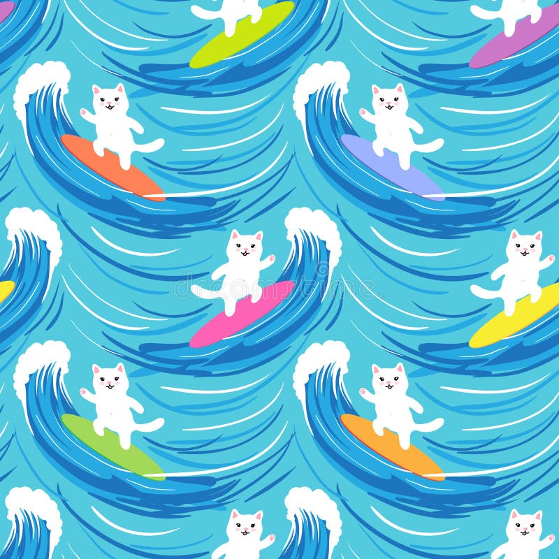 Cute Surfer Cats on Big Blue Waves, Seamless Pattern Stock Vector ...
