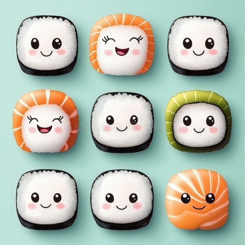 Cute Sushi Characters with Smiling Faces Arranged in Playful Grid ...