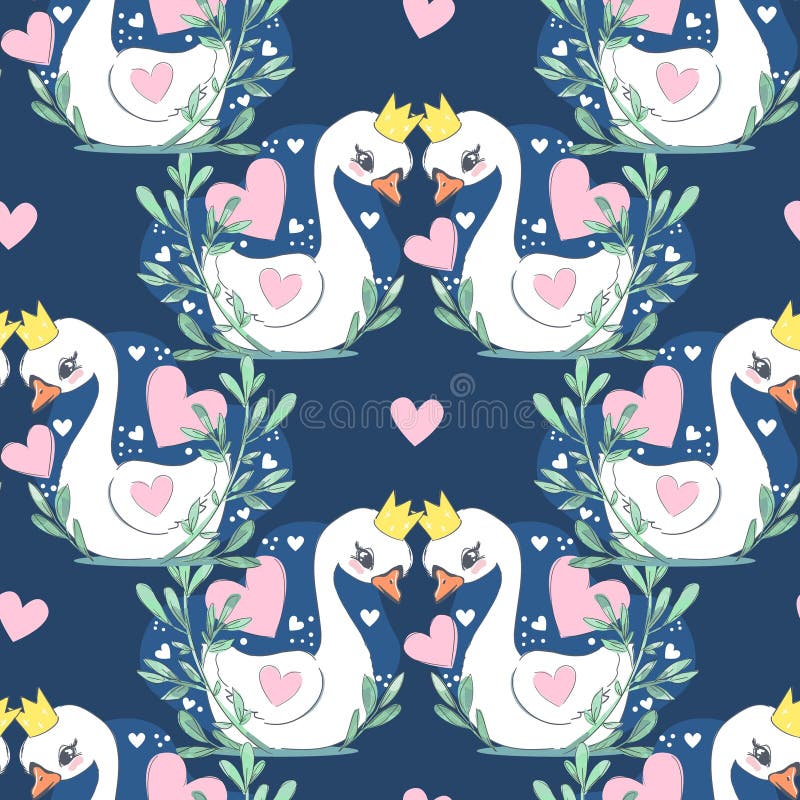Cute Swan and Heart Vector Pattern Seamless, Design Fabric Print Stock ...