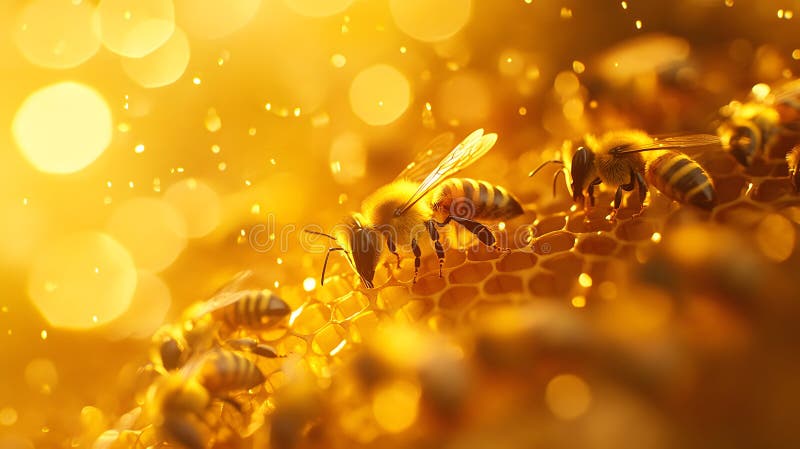 Cute Swarm of Bees Working at Bee Honeycomb Background Stock ...