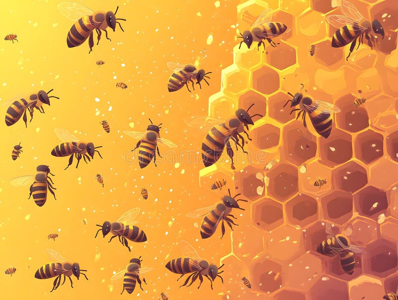 Cute Swarm of Bees Working at Bee Honeycomb Background Stock ...