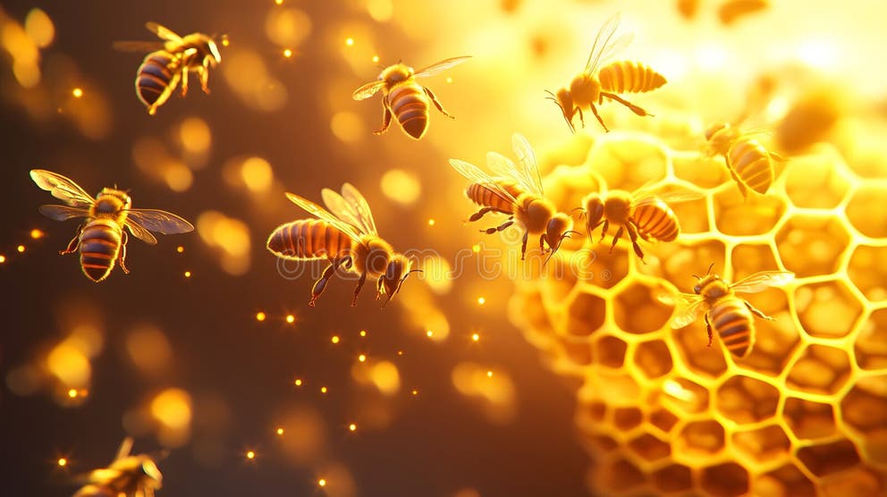 Cute Swarm of Bees Working at Bee Honeycomb Background Stock ...