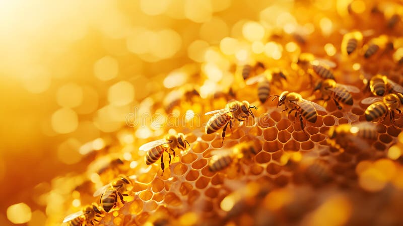 Cute Swarm of Bees Working at Bee Honeycomb Background Stock ...
