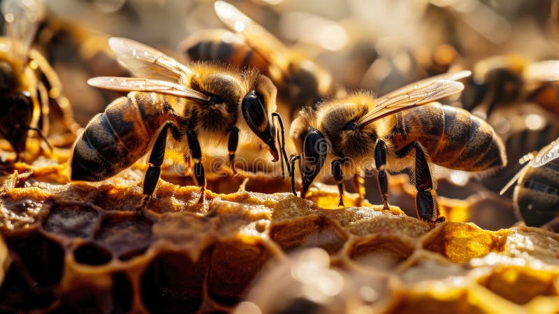 Cute Swarm of Bees Working at Bee Honeycomb Background with Empty Stock ...
