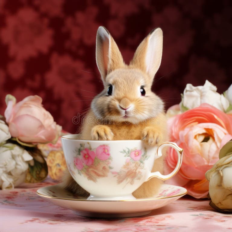 Easter Bunny Rabbit with Roses and Tea Cup. Stock Photo - Image of ...