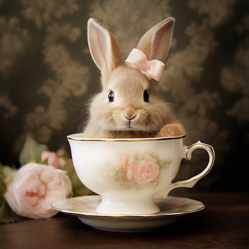Easter Bunny Rabbit with Roses and Tea Cup. Stock Image - Image of ...