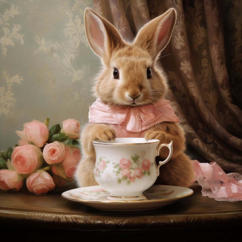 Easter Bunny Rabbit with Roses and Tea Cup. Stock Image - Image of ...