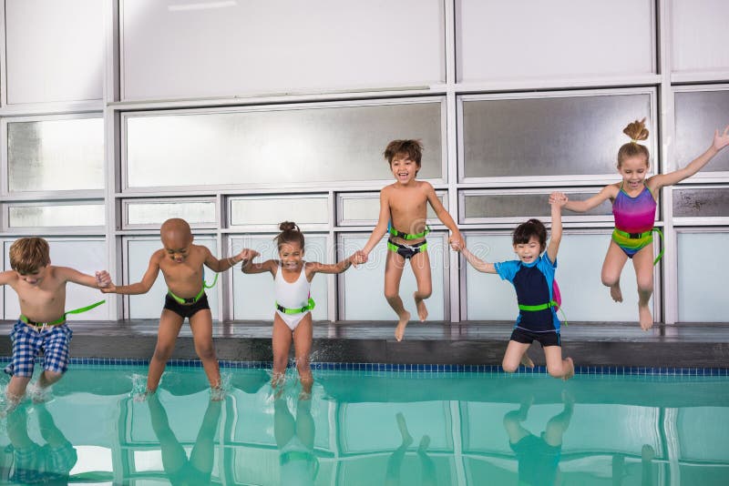 Cute Swimming Class Jumping in the Pool Stock Image - Image of people ...