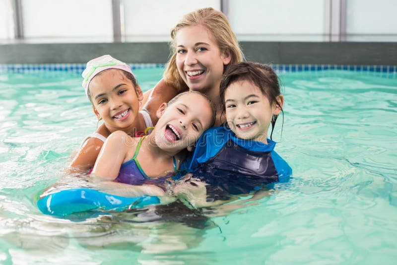 Cute Swimming Class in Pool with Coach Stock Image - Image of center ...