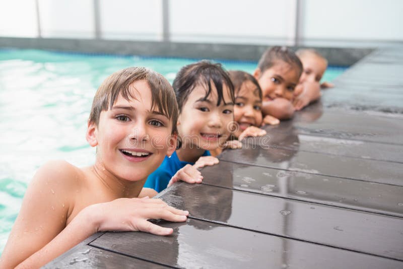 Cute Swimming Class and Coach Smiling Stock Photo - Image of five ...