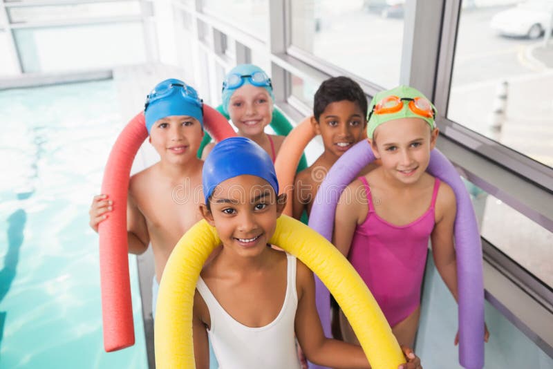 Cute Swimming Class in Pool with Coach Stock Photo - Image of center ...