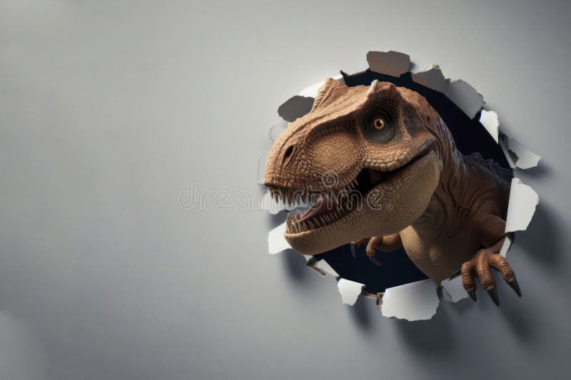 Cute T-Rex Peeking Out of a Hole in Wall, Torn Hole, Empty Copy Space ...