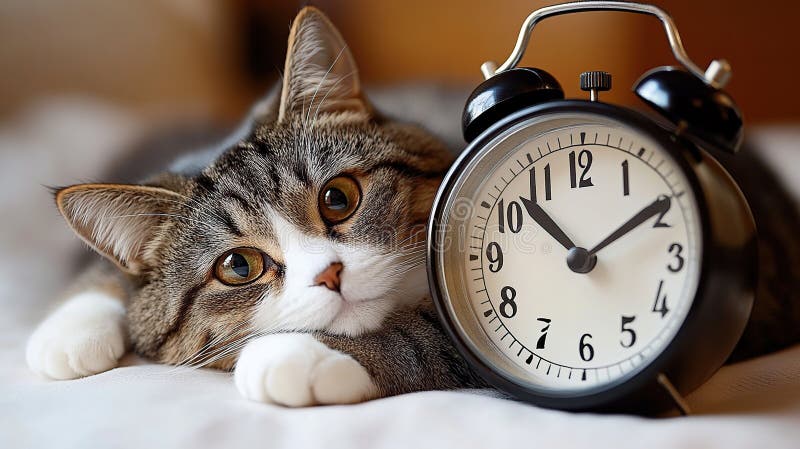 Cute Tabby Cat and Alarm Clock on Bed. Awaiting Breakfast Stock Illustration - Illustration of ...