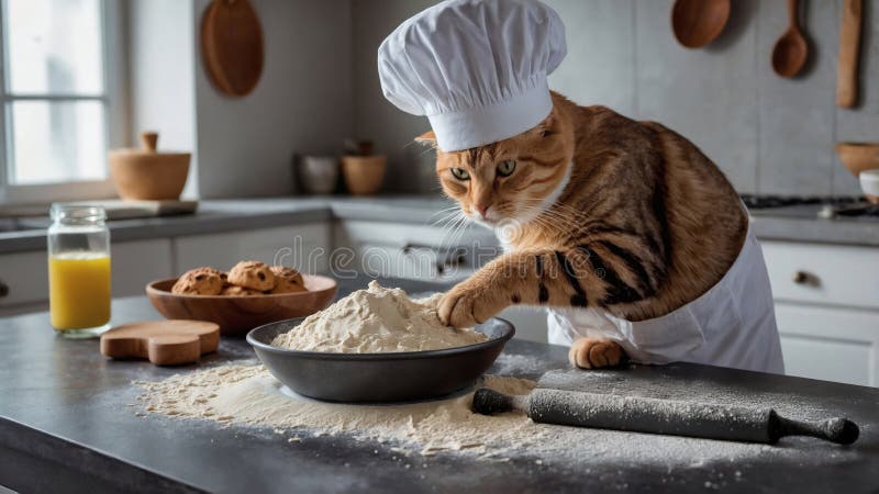 A Cute Tabby Cat, Dressed As a Chef, Playfully Paws at a Bowl of Flour ...