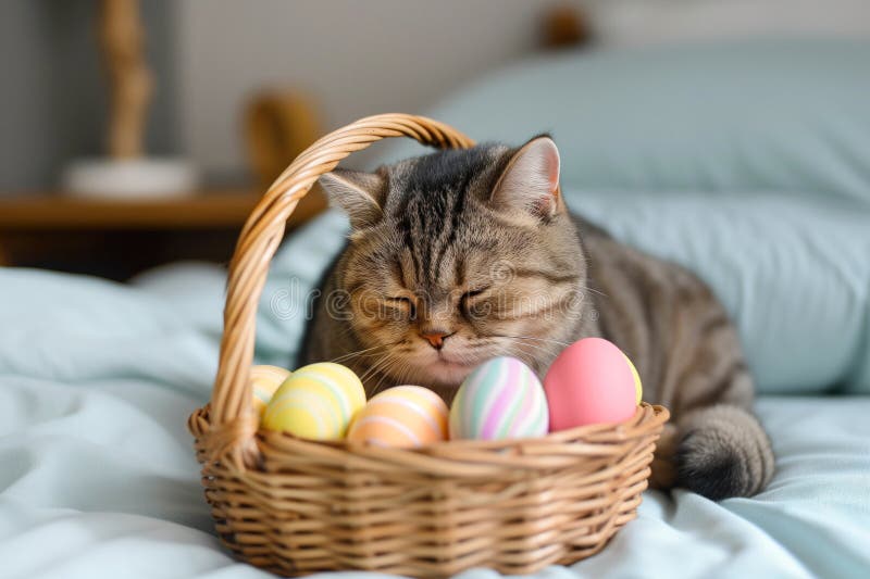 Cute Tabby Cat with Easter Eggs in Basket on Bed Stock Illustration ...