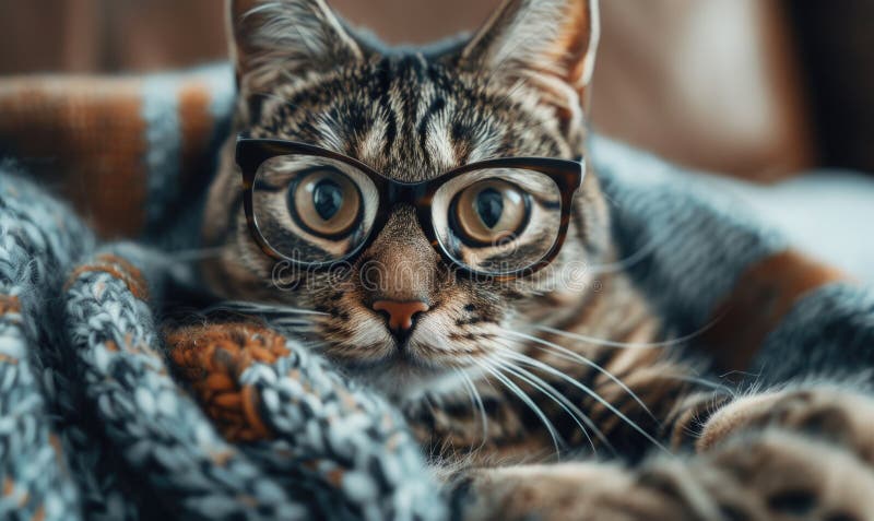 Cute Tabby Cat in Glasses and Scarf Lying on Sofa at Home Stock Image ...