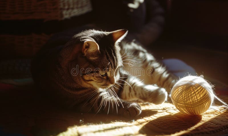 Cute Tabby Cat Lying on the Floor and Playing with Ball of Wool Stock ...