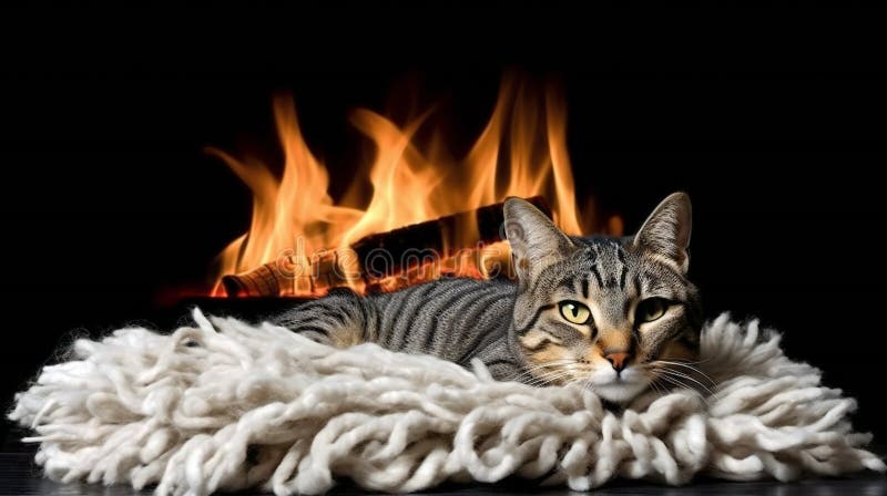 Cute Tabby Cat Lying in Front of a Burning Fireplace Stock Illustration ...