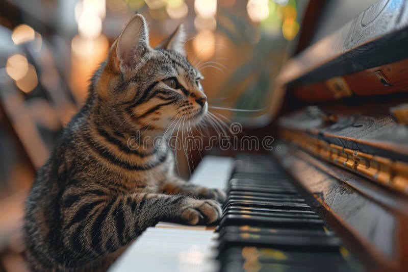 Cute Tabby Cat Playing Piano on Stage Stock Image - Image of humor ...