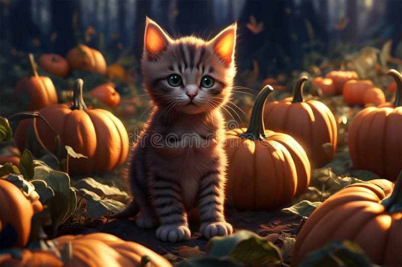 Cute Tabby Kitten Watching Over Cornucopia of Winter Squash in a ...