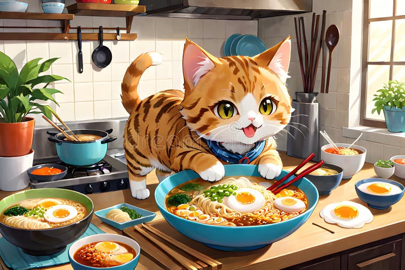 Cute Tabby Cat with a Ramen Bowl Perched on a Kitchen Counter in a Cozy ...