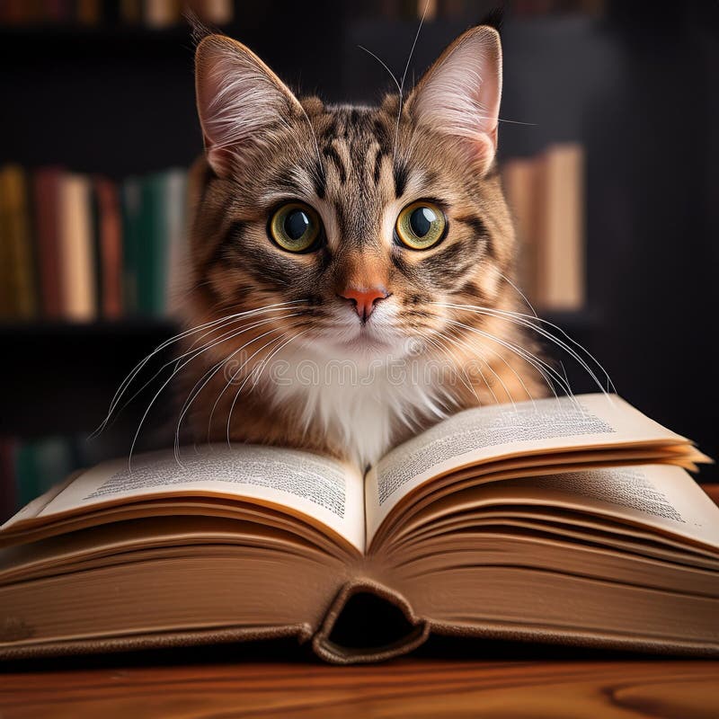 Cat Reading a Book, AI Generated Stock Illustration - Illustration of ...