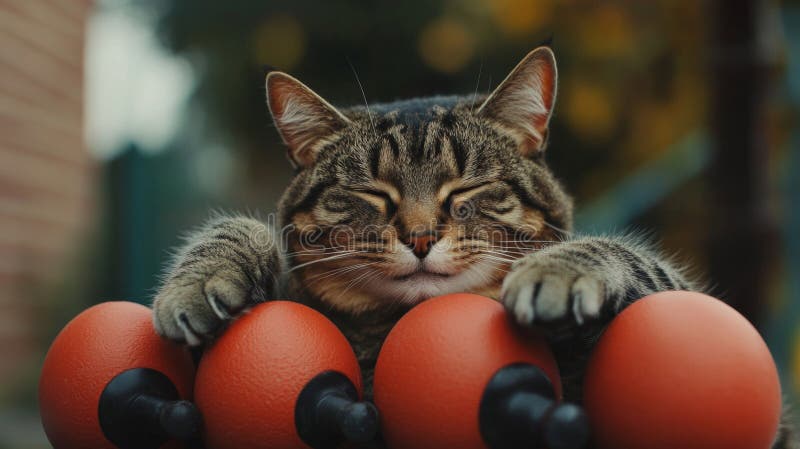 Cute Tabby Cat Relaxing on Red Spheres Outdoors Stock Illustration - Illustration of animals ...